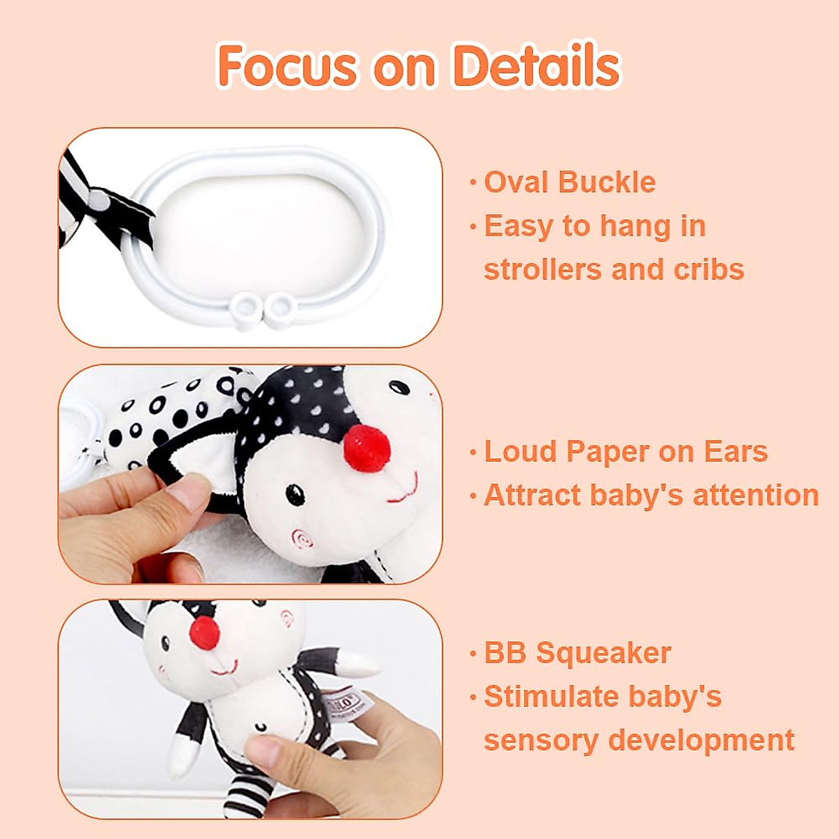Cute Hanging Stroller Car Seat Toys for Baby, C Clip Hanging Animal Soft Toys with Rattles BB Squeaker Distorting Mirror for Boys Girls 0-36 Months (Black-White)