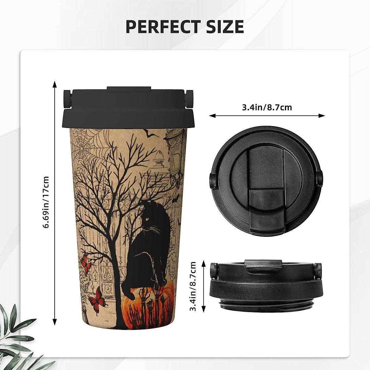 bassyil Halloween Vintage 17oz Insulated Coffee Mug with Flip Lid Handle Witch Spooky Themed Stainless Steel Insulated Travel Tumbler Spill Proof Halloween Cup Gift for Women Men Adults
