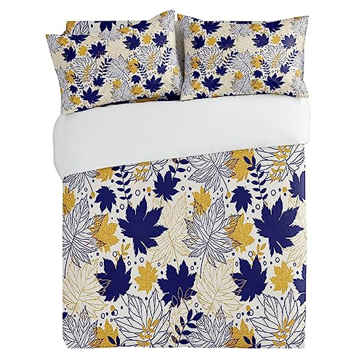 Aesthetic Maple Leaf Twin Duvet Covers Dark Blue Yellow Lines Fall Leaves 3-Piece Bedding Sets Luxury Soft Microfiber Bed Comforter Protector with Pillow Cases for Women Men Girl Boy Wave Points