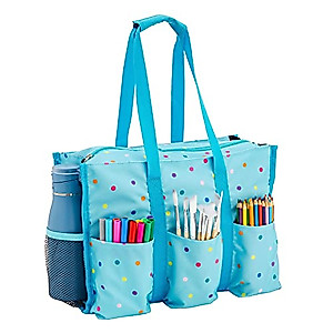Juvale Large Utility Tote Bag with Pockets, Compartments, and Zip Top for Teachers, Nurses, Crafts, Travel Organization (Light Blue, 14.5 x 10.5 x 6 In)