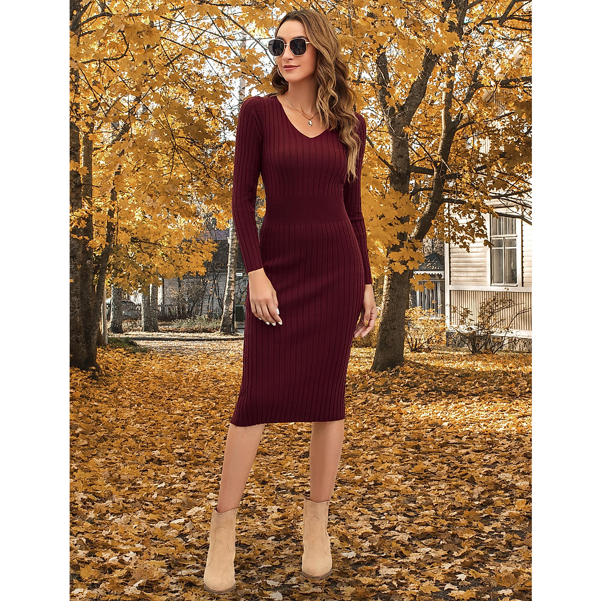 Blooming Jelly Womens Midi Sweater Dress Long Sleeve V Neck Bodycon Fall Dresses 2023 Casual Knee Length Knit Ladies Elegant Winter Dress (Large, Burgundy)
