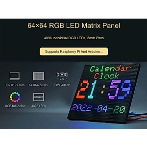 Waveshare RGB Full-Color LED Matrix Panel 3mm Pitch 64×64 Pixels 4096 Individual RGB LEDs Adjustable Brightness Compatible with Raspberry Pi
