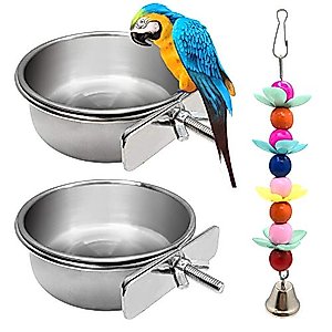 WACLTE Bird Bowl & Chewing Toy Set - 2 Pack 3.9" Stainless Steel Feeder Cups with Clamp for Cage - Funny Ladder Hanging Toy with Bell - for Parrot, Parakeet, Budgies, Conure Ferrets, Small Animal