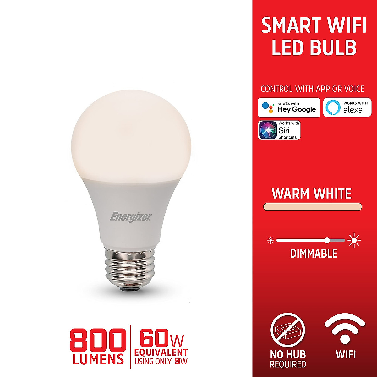 Energizer Connect Smart A19 LED Warm White Light Bulb with Voice Control and Remote Access Through Your Smartphone | Compatible with Alexa and Google Assistant
