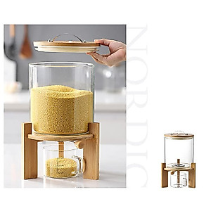 Glass Rice Dispenser Countertop, 5L/8L Flour Cereal Grain Dispenser Container with Wooden Stand and Measuring Cup, Rice Food Storage Container Dispenser for Kitchen and Pantry Store with Airtight Lid