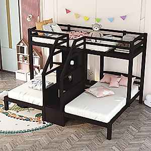 DEYOBED Twin Over Twin & Twin Wooden Triple Bed Bunk Bed with Built-in Storage Staircase and Drawer Storage Board for 3 Kids Adults