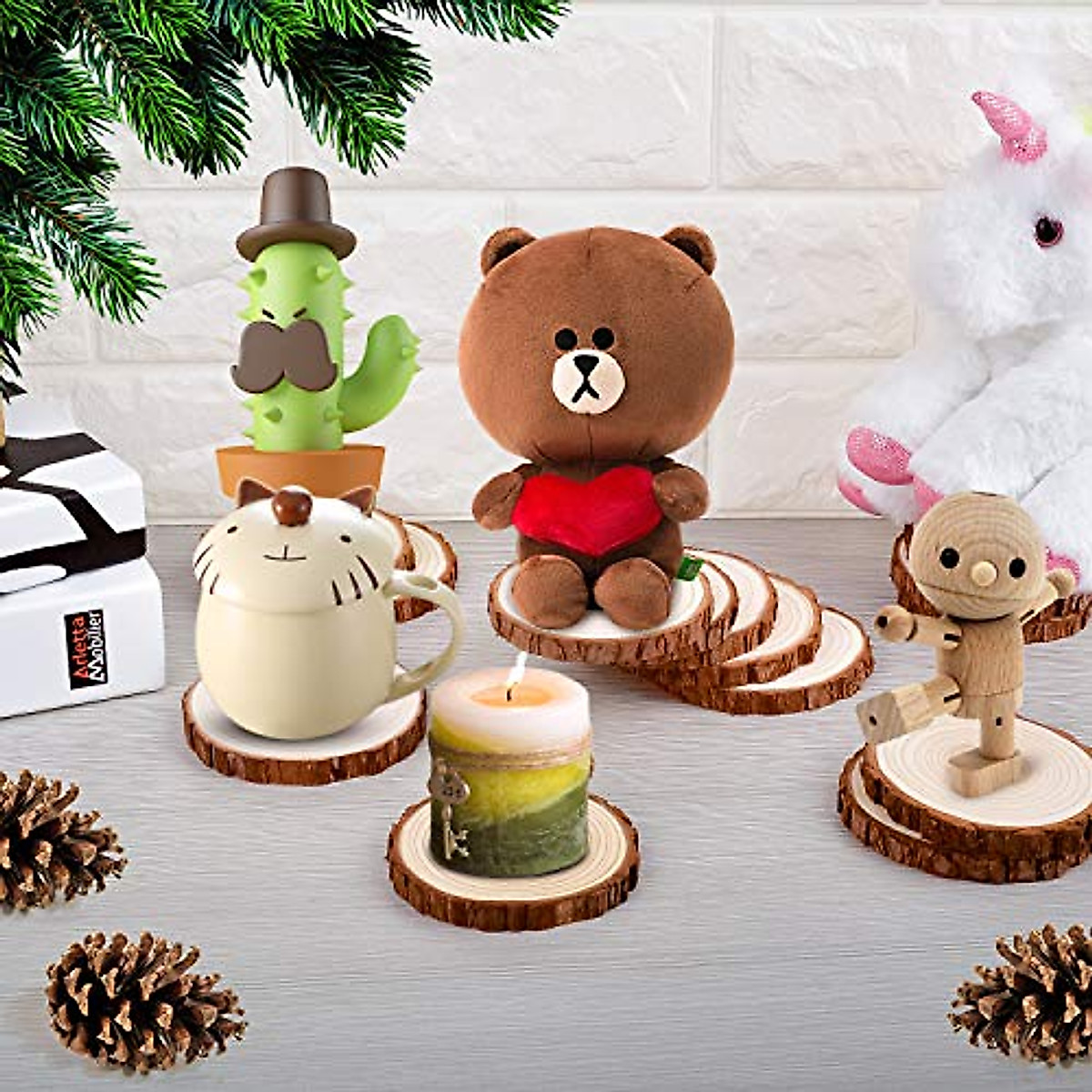 LESUMI Unfinished Natural Wood Slices with Bark - 20 Pcs 3.5-4 inch Wood Craft kit, DIY Kids Arts and Crafts Coasters Christmas Ornaments Rustic Wedding Decorations