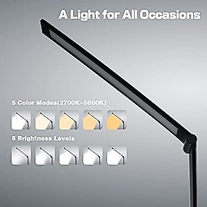 Kitys Fatch LED Touch Sensing Desk Lamp with USB Charging Port, 5 Lighting Modes, 5 Levels of Brightness, 30/60 Minutes Auto Timer, Foldable Desk Lamp for Bedroom, Study Room, (Black)