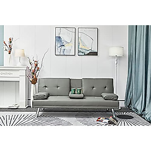 Eafurn Faxu Leather Convertible Sofa Bed with Cup Holders,Folding Futon Couch Recliner Sleeper Loveseat Reversible Daybed, Button Tufted Sofabed with Removable Pillow Top Armrests, Grey 67"