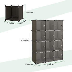 Aeitc Cube Storage Organizer 12-Cube (13.8"x13.8") Clothes Organizer Closet Storage Shelves Plastic Storage Shelving for Bedroom, Living Room, Office, Brown with Transparent Doors