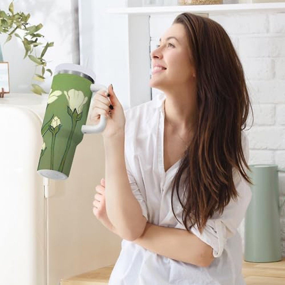 RPLIFE White Flowers Green 40 Oz Tumbler, Stainless Steel Cups with Lid, Tumblers for Women