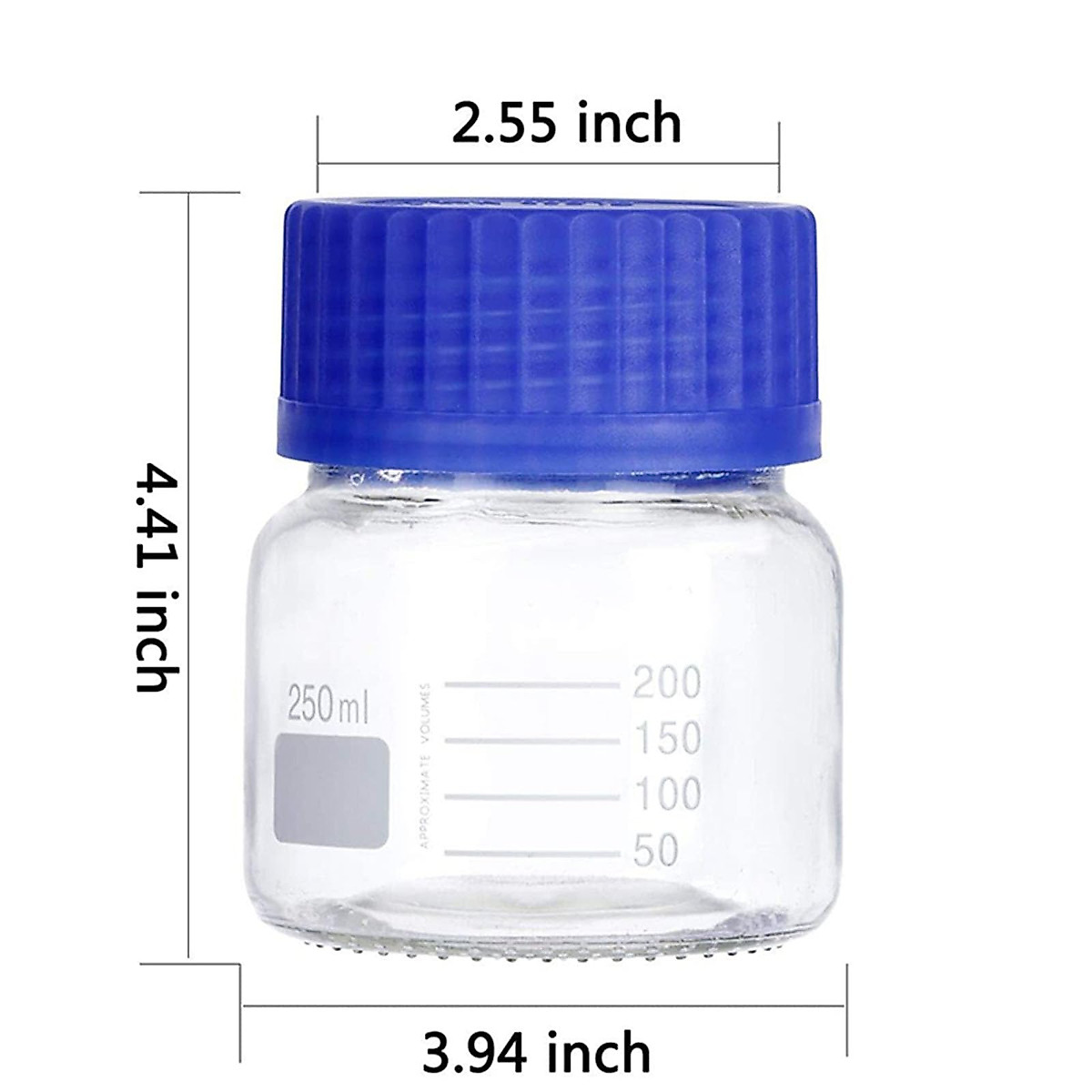 Paalee 6 Pack Graduated Round Reagent Bottle Set, Wide Mouth Borosilicate Glass Lab Media Storage with GL80 Blue Polypropylene Screw Caps, Leakproof and Autoclavable (250ml)