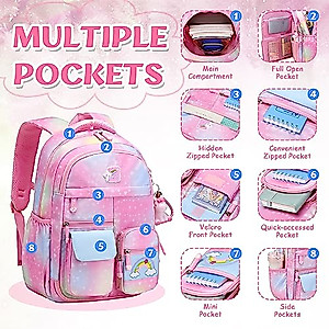 PIG PIG GIRL Girls Backpack, Functional Pockets Kids Backpack Kawaii Lightweight School Backpack Watrer Resistant Book Bag with Unicorn Pendant for Primary Elementary School,Pink