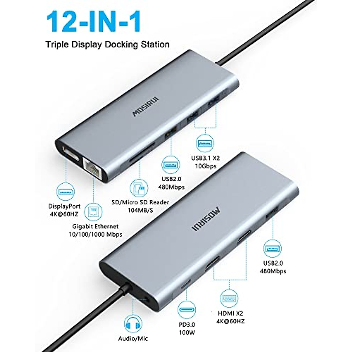 USB C Docking Station Triple Monitor 4K@60HZ, 12-in-1 Laptop Docking Station Dual Monitor USB C Hub Dock with 10Gbps USB3.1+2 HDMI+DisplayPort+PD+Ethernet+SD for Dell/HP/Lenovo/MacBook/Surface 7 8 9