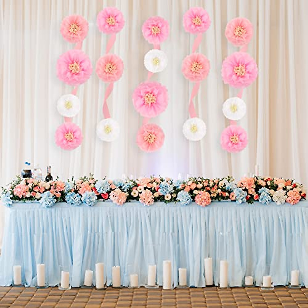 Komiikka Tissue Paper Flowers Decorations for Wall, Tissue Pom Poms Chrysanth Flowers DIY Crafting for Baby Shower, Girl Birthday Party, Nursery Wall Decorations (White Pink)