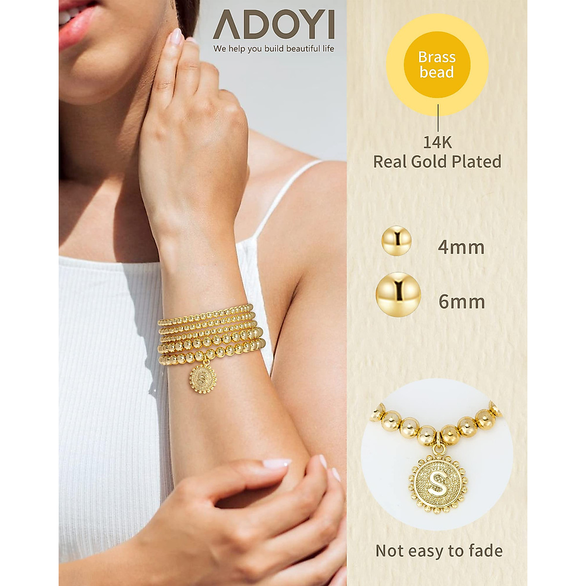 adoyi Gold Bracelets for Women, Gold Chain Bracelet Sets 14K Gold Initial Beaded Bracelets Adjustable Stretch Stackable Layered M Bracelet Set for Women Teen Girls Jewelry Gifts