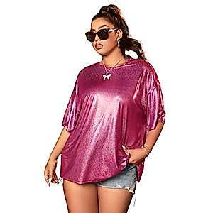 Verdusa Women's Plus Size Metallic T Shirt Drop Shoulder Oversized Tee Top Hot Pink 1XL