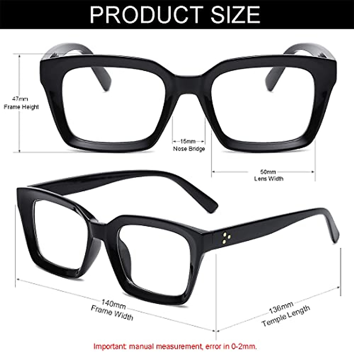 NIDOVIX Reading Glasses for Women Men, Blue Light Blocking Lens Fashion Square Frame Eyeglasses Magnifier 0.0 (Black)
