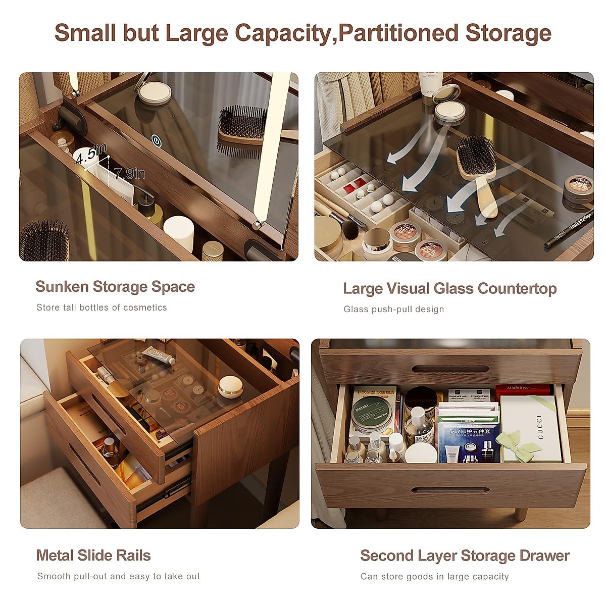 KASLANDI Solid Wood Vanity Desk with Flip Top Mirror & Lights, Small Makeup Vanity with Drawers, 3 Lighting Modes Adjustable Brightness, Vanity Table for Bedroom & Living Room (Walnut)