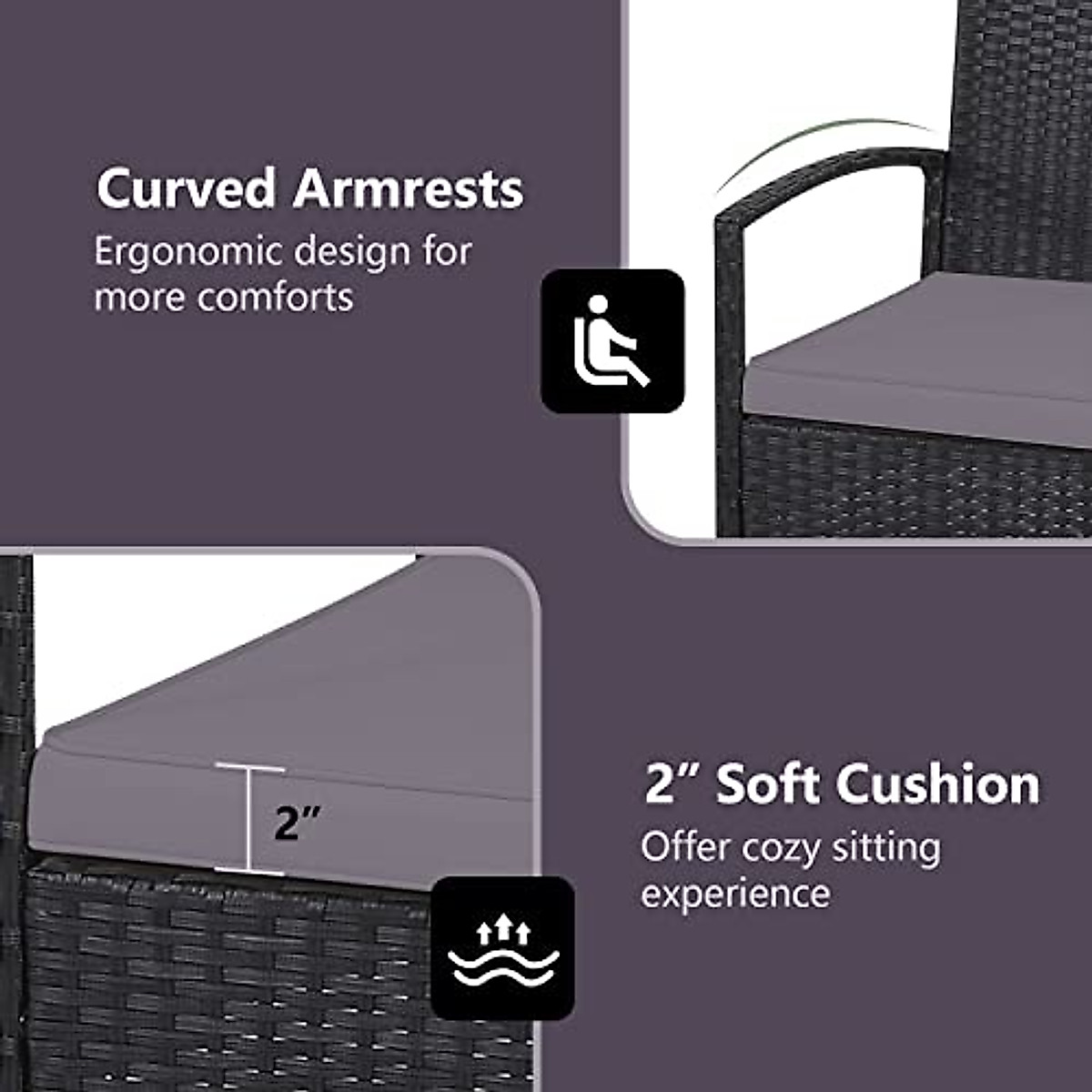 RELAX4LIFE 3-Piece Patio Furniture Set - Rattan Conversation Set, Wicker Bistro Set W/ 2 Chairs, Glass Table, Steel Frame, Outdoor Chairs Set for Backyard, Balcony, Front Porch Furniture(Gray)