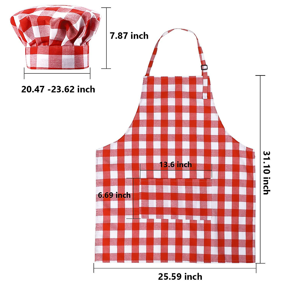SATINIOR 2 Pcs Chef Costume Chef Hat Apron Set for Adult Baker Apron Hat Costume for Halloween Cosplay Party Gift (Red, White,Plaid Style)