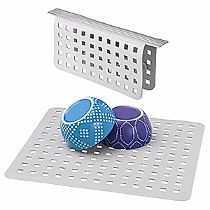 mDesign Kitchen Sink Protector Mat Pad Set, Quick Draining - Use In Sinks to Protect Surfaces and Dishes - 2 Piece Combo Set includes 1 Sink Saddle and 1 Sink Mat - Gray