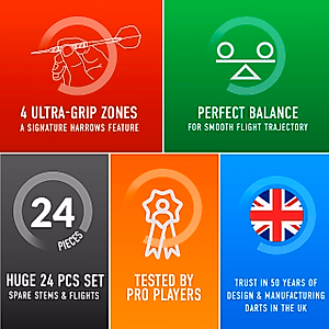 Harrows Sabre 90% Tungsten Steel Tip Darts Set I 21g to 26g All Weights Available I Huge 24pcs Bundle with Spare Shafts, Prime Flights & Travel Case (22 Grams)