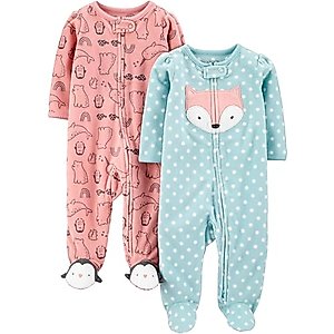 Simple Joys by Carter's Baby Girls' Fleece Footed Sleep and Play, Pack of 2, Blue Fox/Peach Animal, 3-6 Months