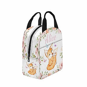 InterestPrint Custom Text Lunch Bag Cute Fox And Rabbit Personalized Name Lunchbox Tote Bag Gift for Daughter Niece Granddaughter Birthday