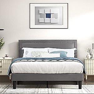 VECELO Full Size Platform Bed Frame with Height Adjustable Upholstered Headboard, Modern Mattress Foundation,Strong Wood Slat Support, No Box Spring Needed, Easy Assembly