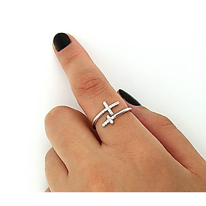 Sterling Silver 925 Cross Ring Double Cross CZ Open Ring Symbolic Jewelry (6)