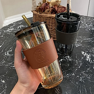JUMPINJOK 15oz Glass Coffee Tumbler with Straw and Lid Sealed Carry on, Glass Iced Coffee Cup, Leak-Proof Glass Tumbler Cup, Reusable Smoothie Mugs for Cold & Hot Drinks, Coffee, Tea, Shake (Amber)