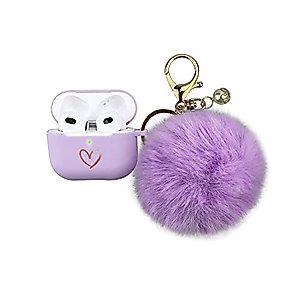 AIIEKZ Compatible with AirPods 3 Case Cover 2021, Cute Soft Silicone Case with Gold Heart Pattern for AirPods 3rd Generation Case with Fur Ball Pom Pom Keychain for Girls Women (Lavender Purple)