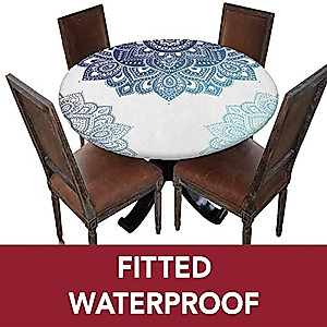 Henna Round Fitted Tablecloth with Elastic Edge,South Mandala Design Vibrant Color Print Polyester Table Cover, XXLarge, Fit Round Tables up 65"-71" Diameter, for Picnic Party