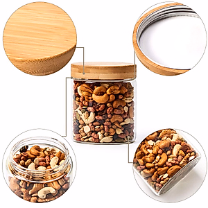 EZOWare Set of 4 Glass Food Jars with Airtight Natural Bamboo Lids, 20 fl oz Kitchen Clear Canister Storage Container Set for Storing Candy, Cookie, Rice, Sugar, Flour, Spices, Nuts, Coffee, Pasta