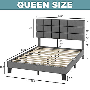 Lifezone Queen Bed Frame with Headboard Upholstered Bed Frame with Linen Tufted Headboard,Wood Slats Support,No Boxing Needed,Heavy Duty Feet,Easy Assembly,Light Grey