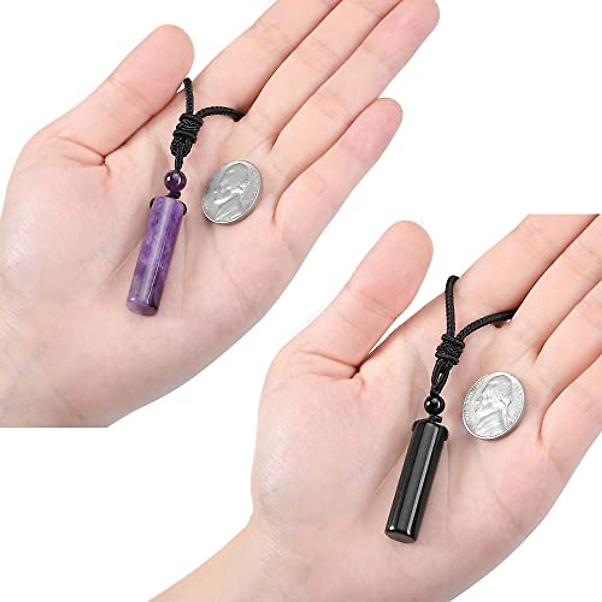 Top Plaza 2 Pcs Amethyst Black Obsidian Healing Crystal Stone Necklaces for Men Women Cylindrical Pendant Amulet Protection Necklaces Adjustable Braided Cord Natural Quartz Gemstone Necklace Jewelry