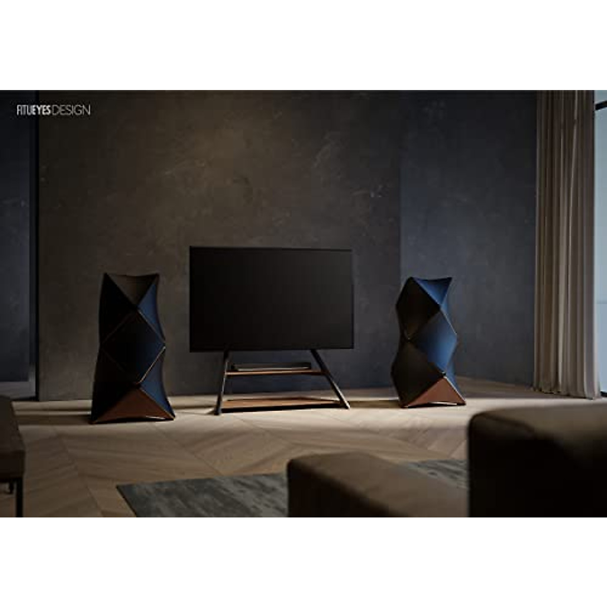 FITUEYES Design Corner Floor TV Stand for 75-100 Inch TV LCD LED Flat Curved TVs Heavy Duty TV Mount with Large Storage Wood Shelf Modern Entertainment Center, Up to 187 lbs, Eiffel Series