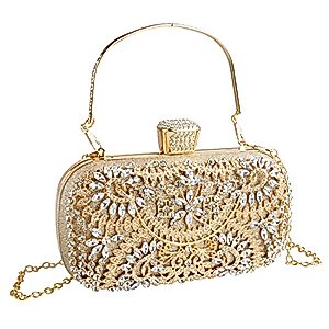 Gold Clutch Purses for Women Evening, Diamond Wedding Clutch Crossbody Shoulder Bag with Crystal, Sequin Formal Flower Rhinestone Handbag for Party Bridal Prom