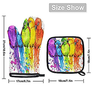 QsirBC Rainbow Color Parrots Oven Mitts Kitchen Oven Gloves for Cooking Baking Heat Resistant Lining Cotton Potholder Pot Holders Hot Pads for Chef Women Men