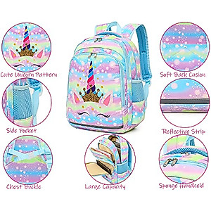 Unicorn Backpack for Girls with Lunch Tote Preschool Kindergarten Elementary Book Bag Set With Chest Strap(Light Blue Unicorn)