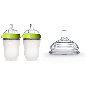 Comotomo Baby Bottle, Green, 8 Ounce, 2 Count and Silicone Replacement Nipple, Clear, 6 Months, 2 Packs