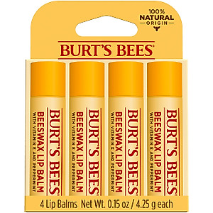 Burt's Bees Lip Balm Easter Basket Stuffers, Moisturizing Lip Care Spring Gift, for All Day Hydration, 100% Natural, Original Beeswax with Vitamin E & Peppermint Oil (4 Pack)