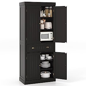 Tangkula 72" H Kitchen Pantry Cupboard Cabinet, Traditional Freestanding Large Tall Storage Cabinet with 2 Cabinets and Drawer, Adjustable Shelves, for Living Room Kitchen, 30 x 16 x 72 Inch