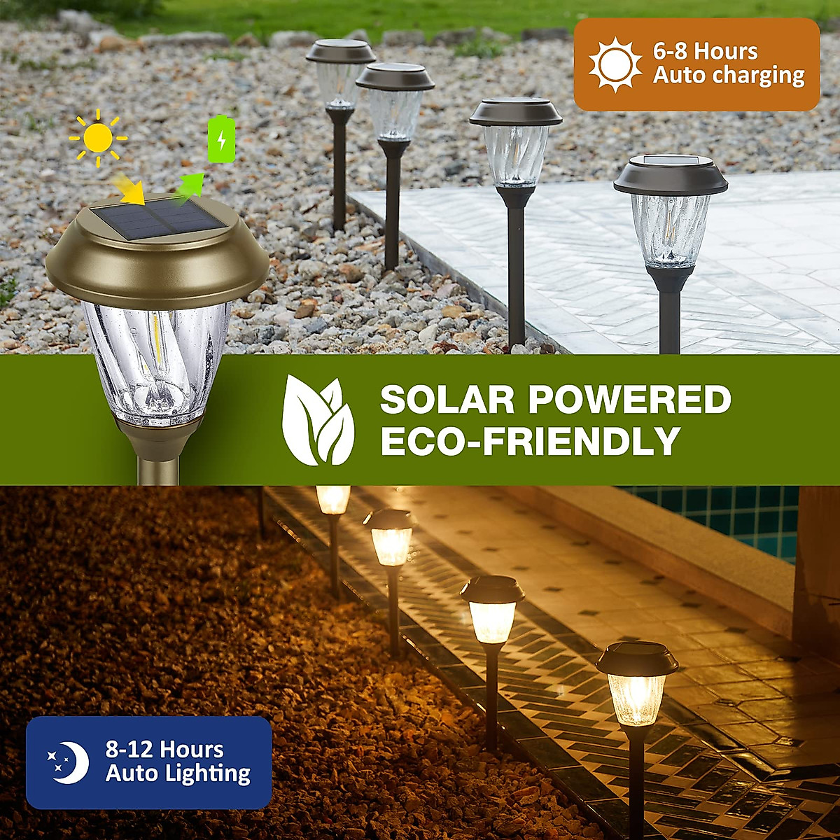 XMCOSY+ Solar Lights Outdoor Waterproof, 6 Pack Solar Pathway Lights 10-25 LM Dimmable Auto On/Off Garden Lights Solar Powered IP65 Waterproof, Stainless Steel Glass LED Landscape Lighting for Yard