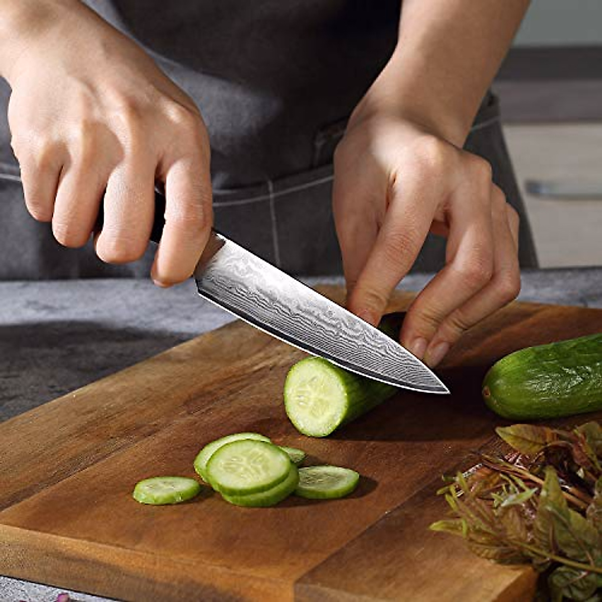 PAUDIN Utility Knife, 5'' Paring Knife, Damascus Kitchen Knife, 67-Layer Forged Blade Ultra Sharp Edge, Stainless Steel Knife, Full Tang G10 Handle with Triple Rivets, for Cutting Fruit and Vegetables