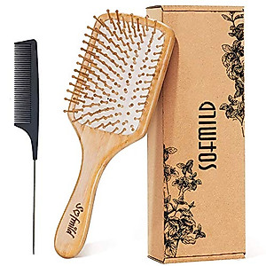 Hair Brush-Natural Wooden Bamboo Brush and Detangle Tail Comb Instead of Brush Cleaner Tool, Eco Friendly Paddle Hairbrush for Women Men and Kids Make Thin Long Curly Hair Health and Massage Scalp