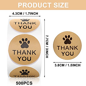 ASTER 500 Pieces Dog Paw Print Thank You Stickers, 1.5 Inch Kraft Thank You Labels Stickers for Baking, Envelope Seals, Small Business, Greeting Cards, Present for Sealing and Decoration