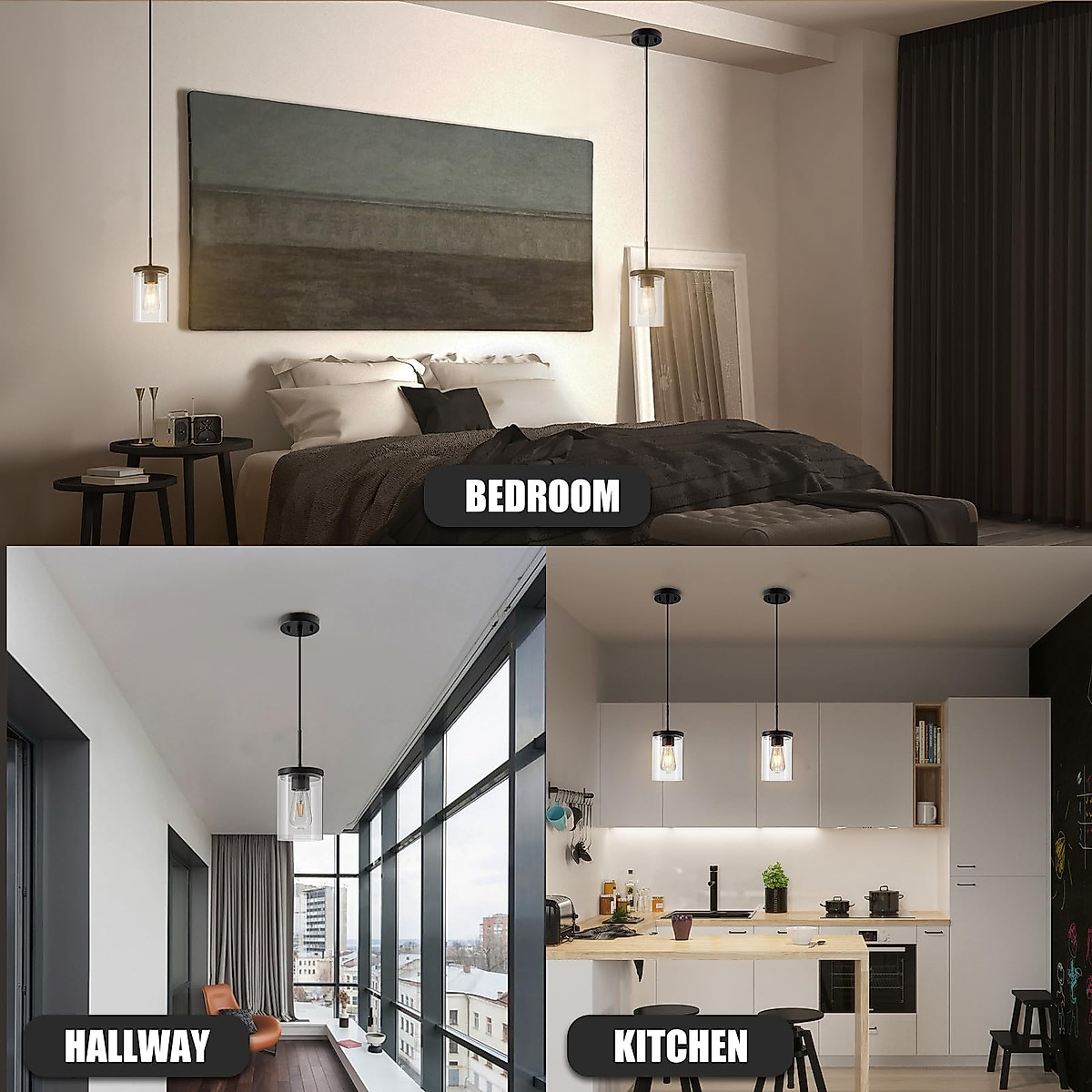 OUVR Modern Glass Pendant Light, Adjustable Hanging Pendant Lighting,60W Modern Clear Glass Pendant Lighting for Kitchen Island Hallway Porch Corridor Bedroom - 2 Pack