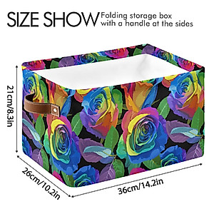 ALAZA Rainbow Rose Flower Leaves Large Storage Basket with Handles Foldable Decorative 1 Pack Storage Bin Box for Organizing Living Room Shelves Office Closet Clothes